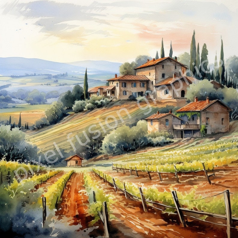Tuscany Watercolor Clip Art, Country House Clipart, Italy Vineyard ...
