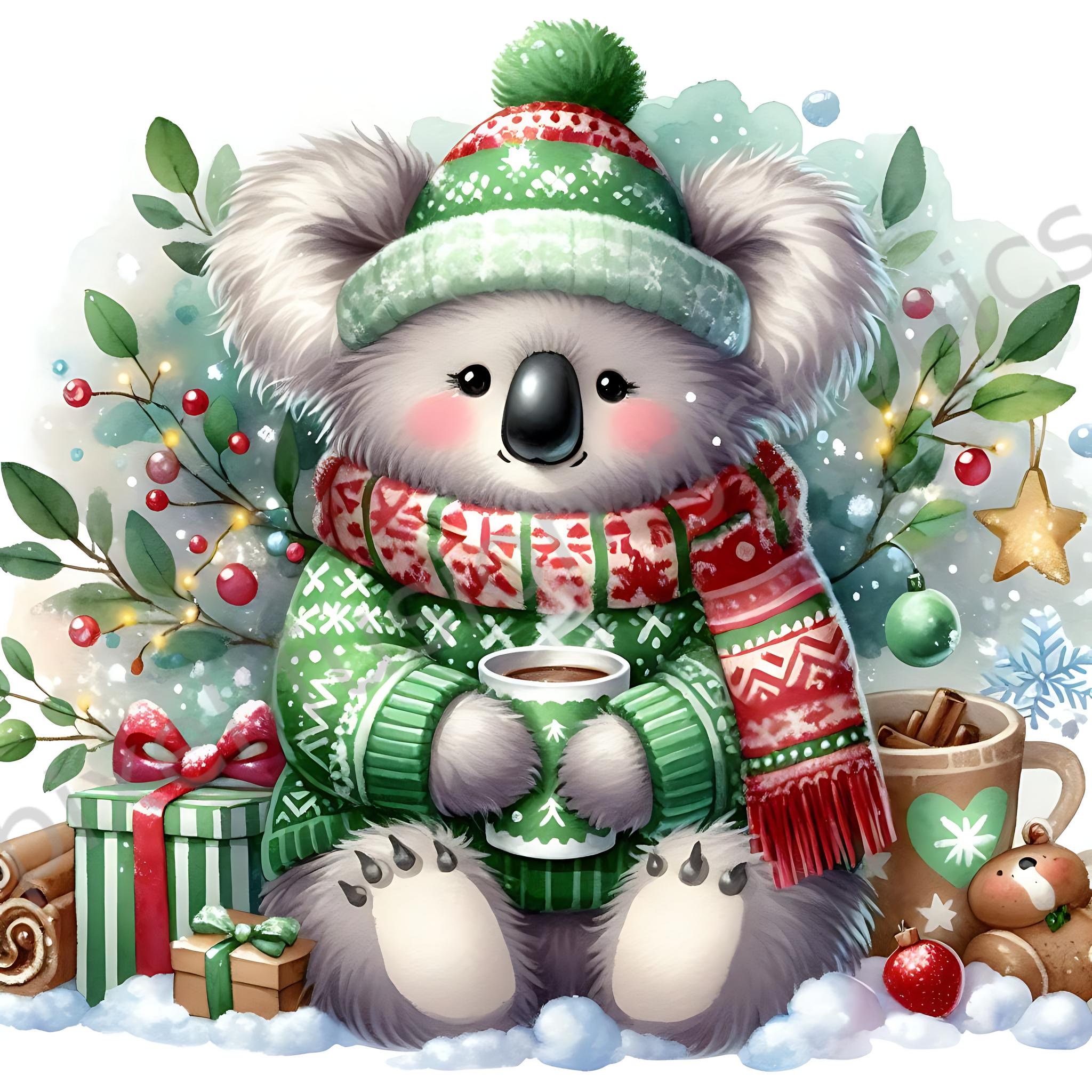 Watercolor Koala Clip Art Christmas 10 High Quality JPG Stickers Card ...