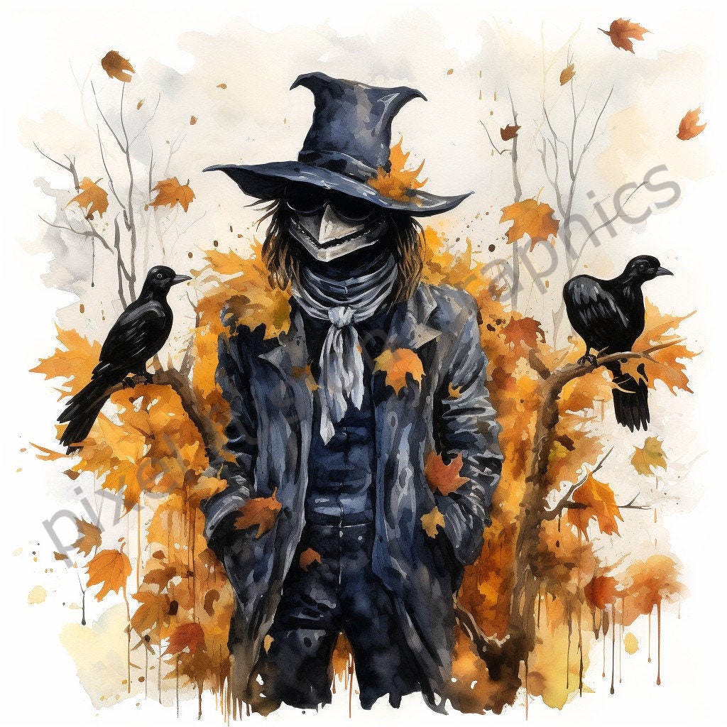 Autumn Watercolor Clip Art Scary and Friendly Scarecrow Fall Harvest ...
