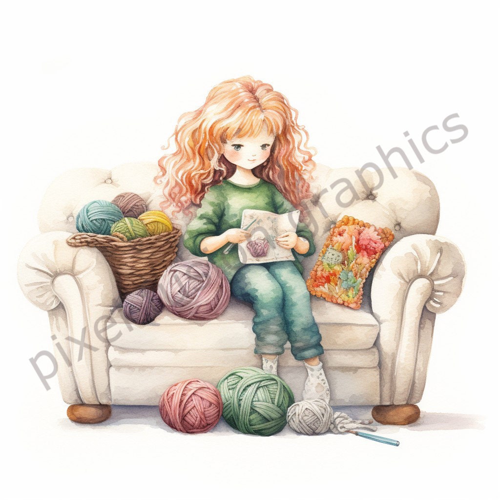 Knitting Girls Watercolor Clip Art, 10 JPG High Resolution, 300 DPI ...