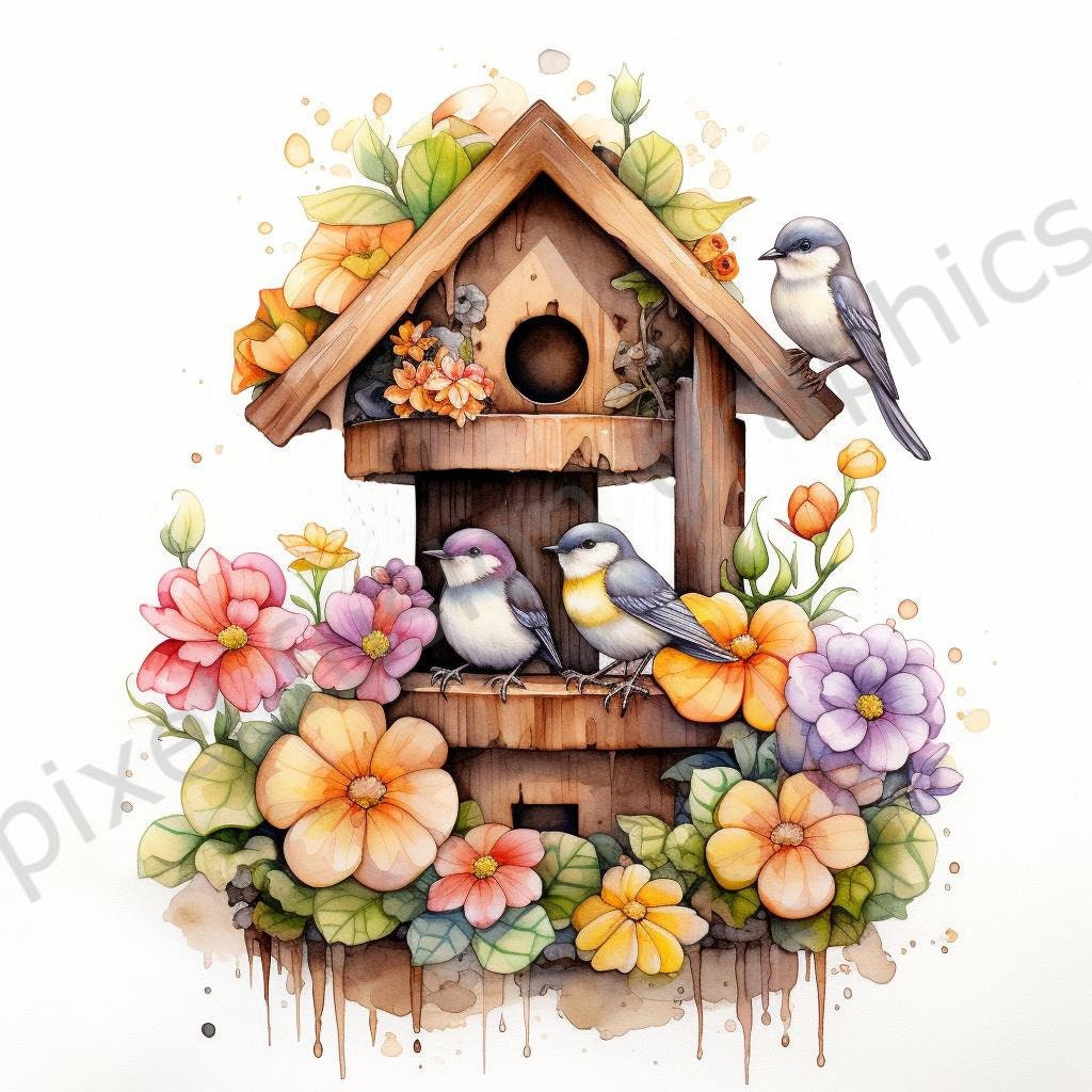 Watercolor Bird Houses Clip Art Set Floral Spring Bird and Houses High ...