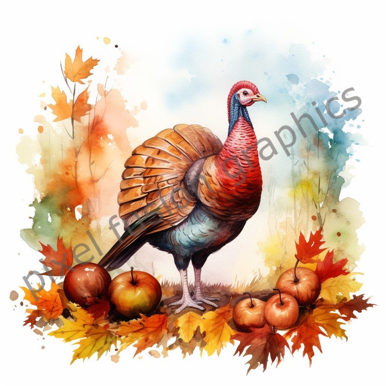 Thanksgiving Dinner Table Clipart Turkey Eating Fall Kitchen Watercolor ...