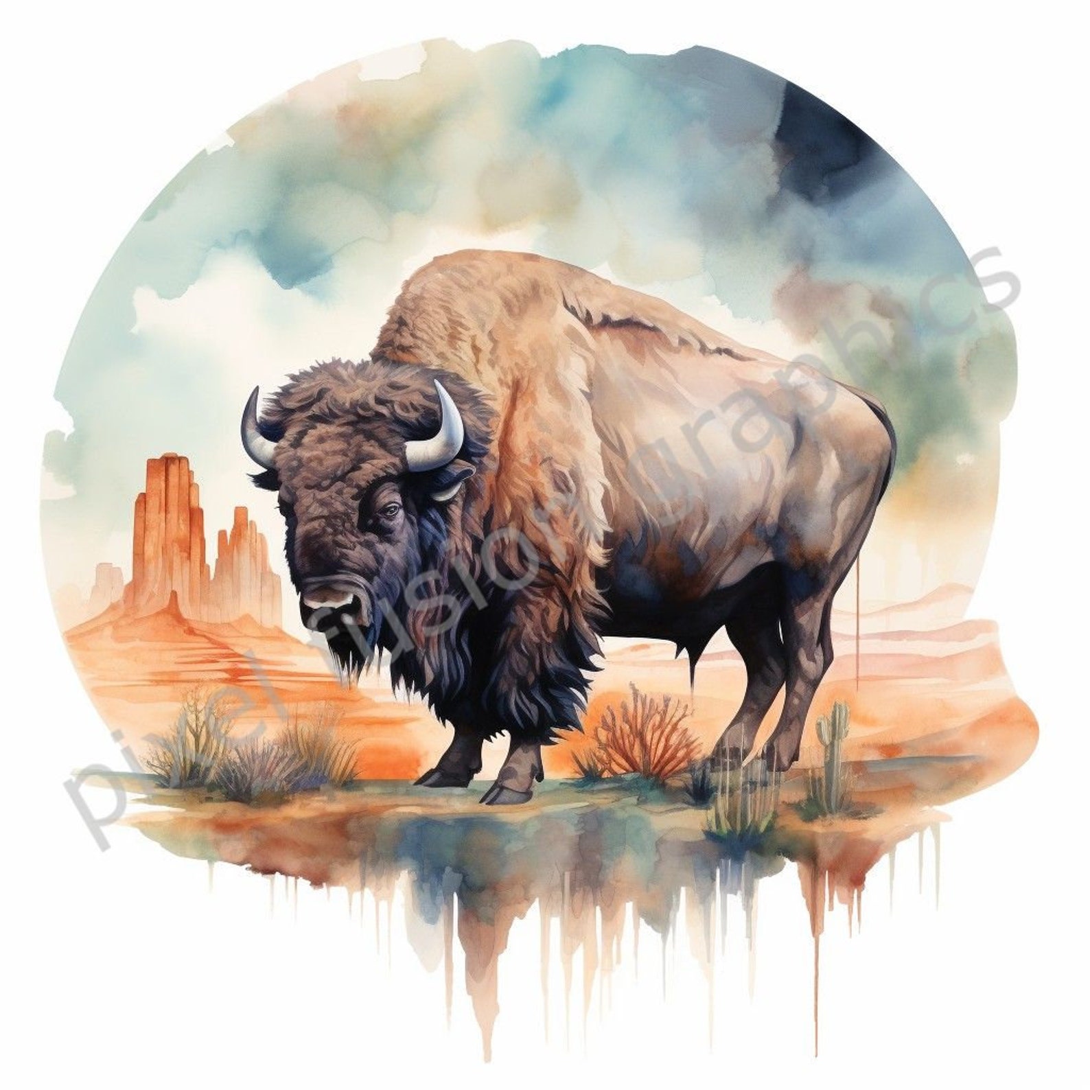 Watercolor Bison Clip Art American Southwest Bison Great Plains Bison ...