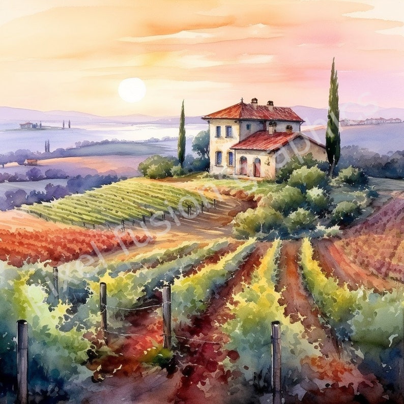Tuscany Watercolor Clip Art, Country House Clipart, Italy Vineyard ...