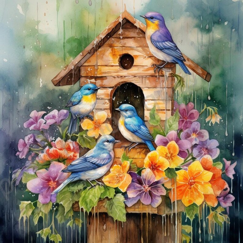 Watercolor Bird Houses Clip Art Set Floral Spring Bird and Houses Rainy ...