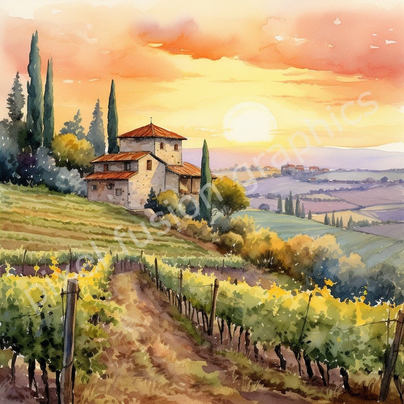 Tuscany Watercolor Clip Art, Country House Clipart, Italy Vineyard ...