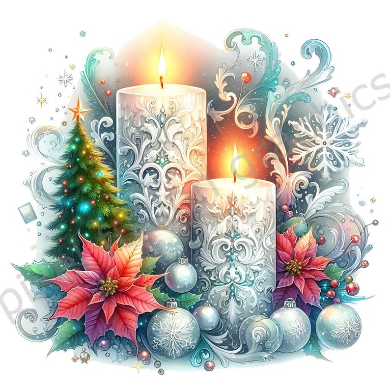 Christmas Candles PNG Clip Art 12 Decorated Watercolor White and Ivory ...