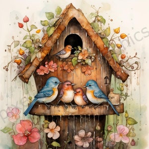 Watercolor Bird Houses Clip Art Set Floral Spring Bird and Houses Rainy ...