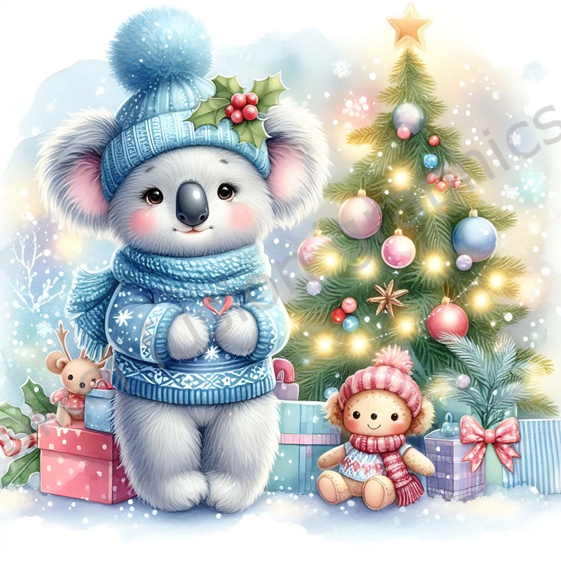 Watercolor Koala Clip Art Christmas 10 High Quality JPG Stickers Card ...