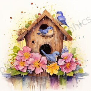 Watercolor Bird Houses Clip Art Set Floral Spring Bird and Houses Rainy ...