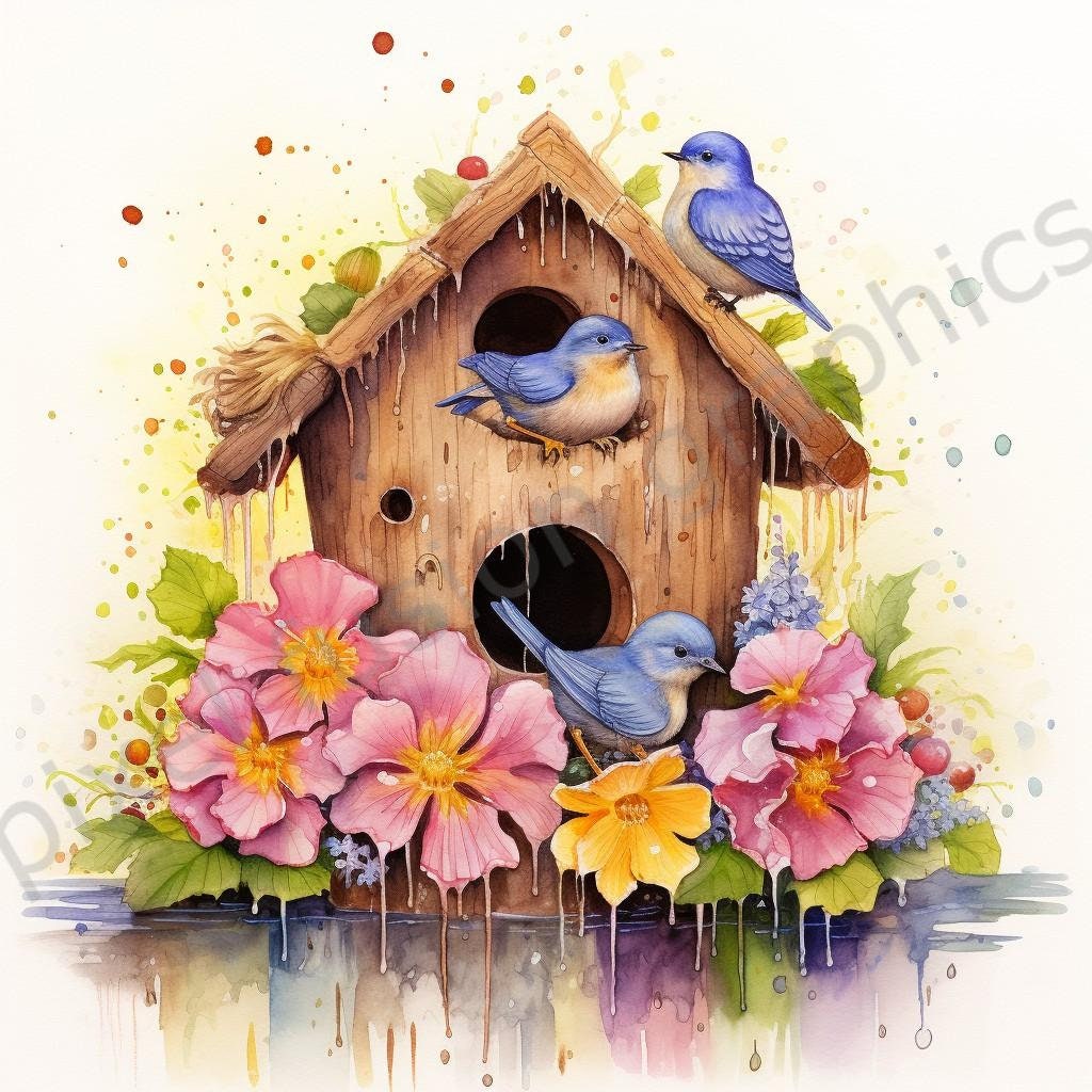 Watercolor Bird Houses Clip Art Set Floral Spring Bird and Houses High ...