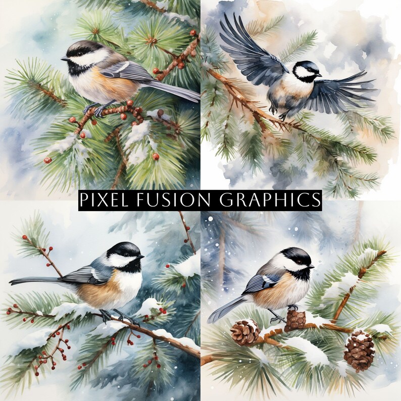 Chickadee Bird, Watercolor Clip Art, 12 JPG High Quality Resolution ...