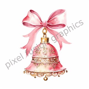 Pink Bells Christmas Ornaments Watercolor Clip Art, 10 Unique Pink ...