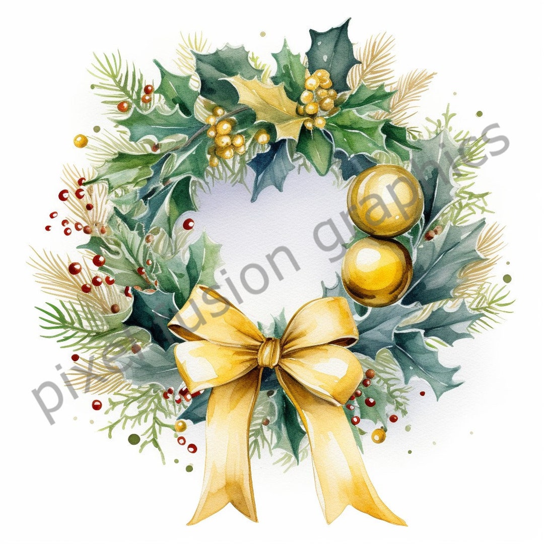 Watercolor Golden Christmas Wreath Variety Clipart, High Quality ...