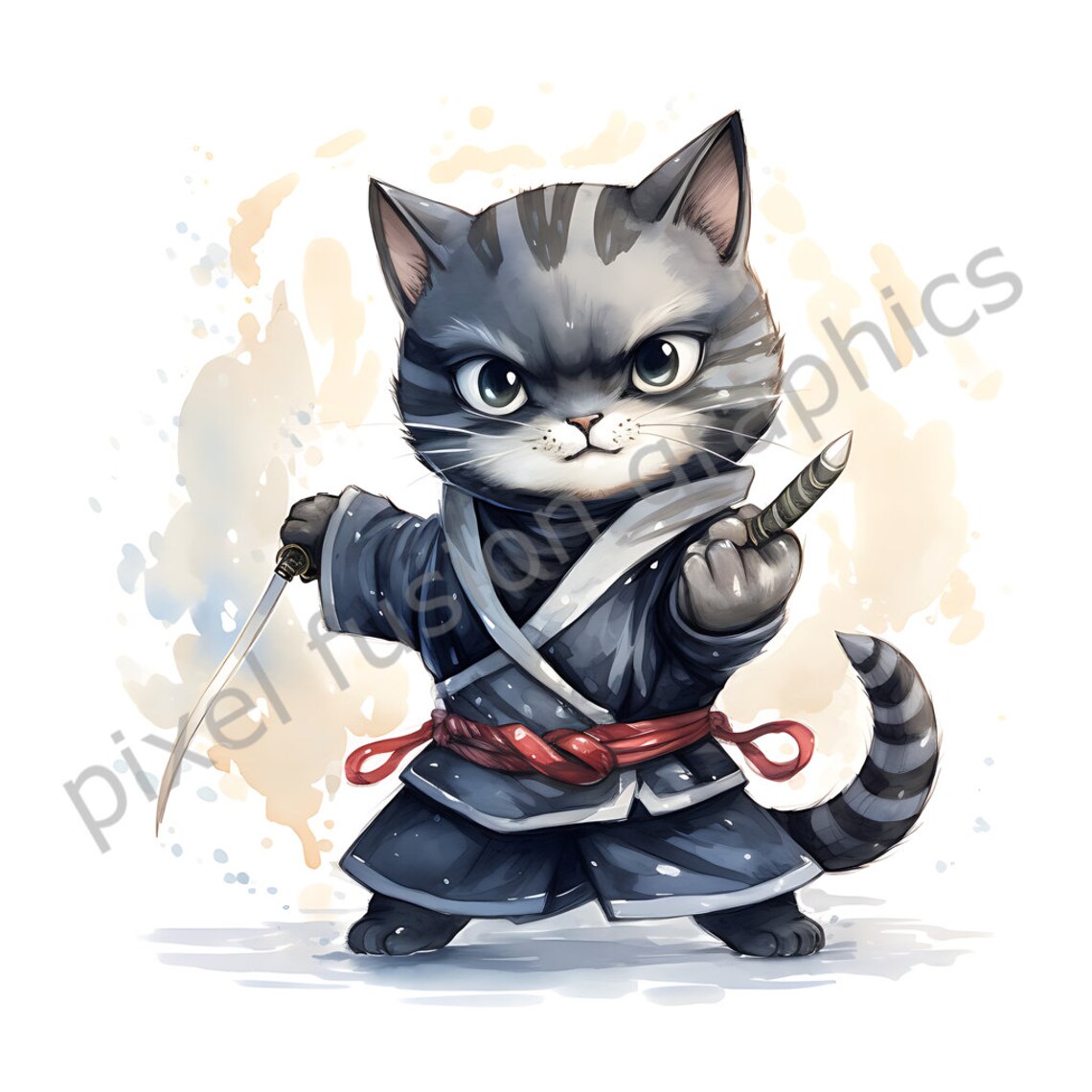 Ninja Cats Watercolor Cartoon Clip Art, High Quality Resolution, 300 ...