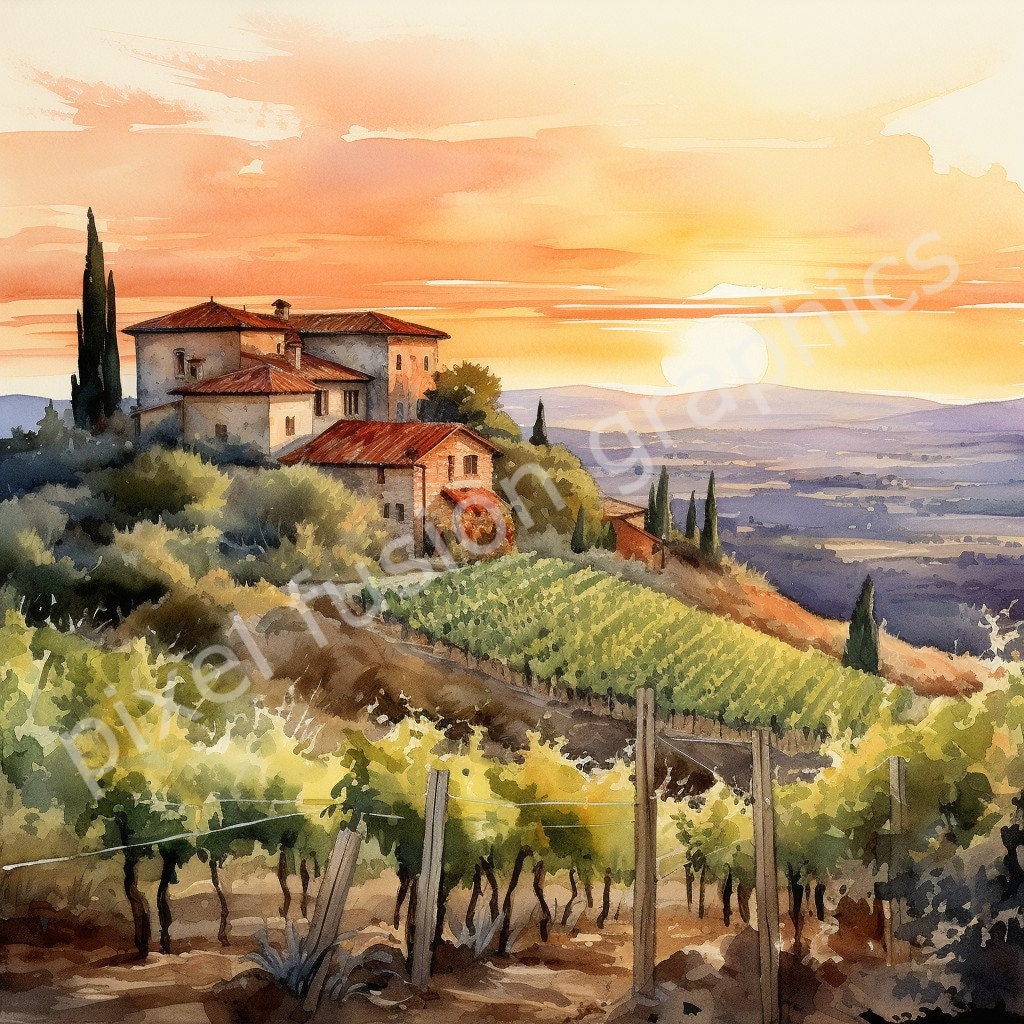 Tuscany Watercolor Clip Art, Country House Clipart, Italy Vineyard ...