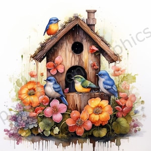Watercolor Bird Houses Clip Art Set Floral Spring Bird and Houses Rainy ...