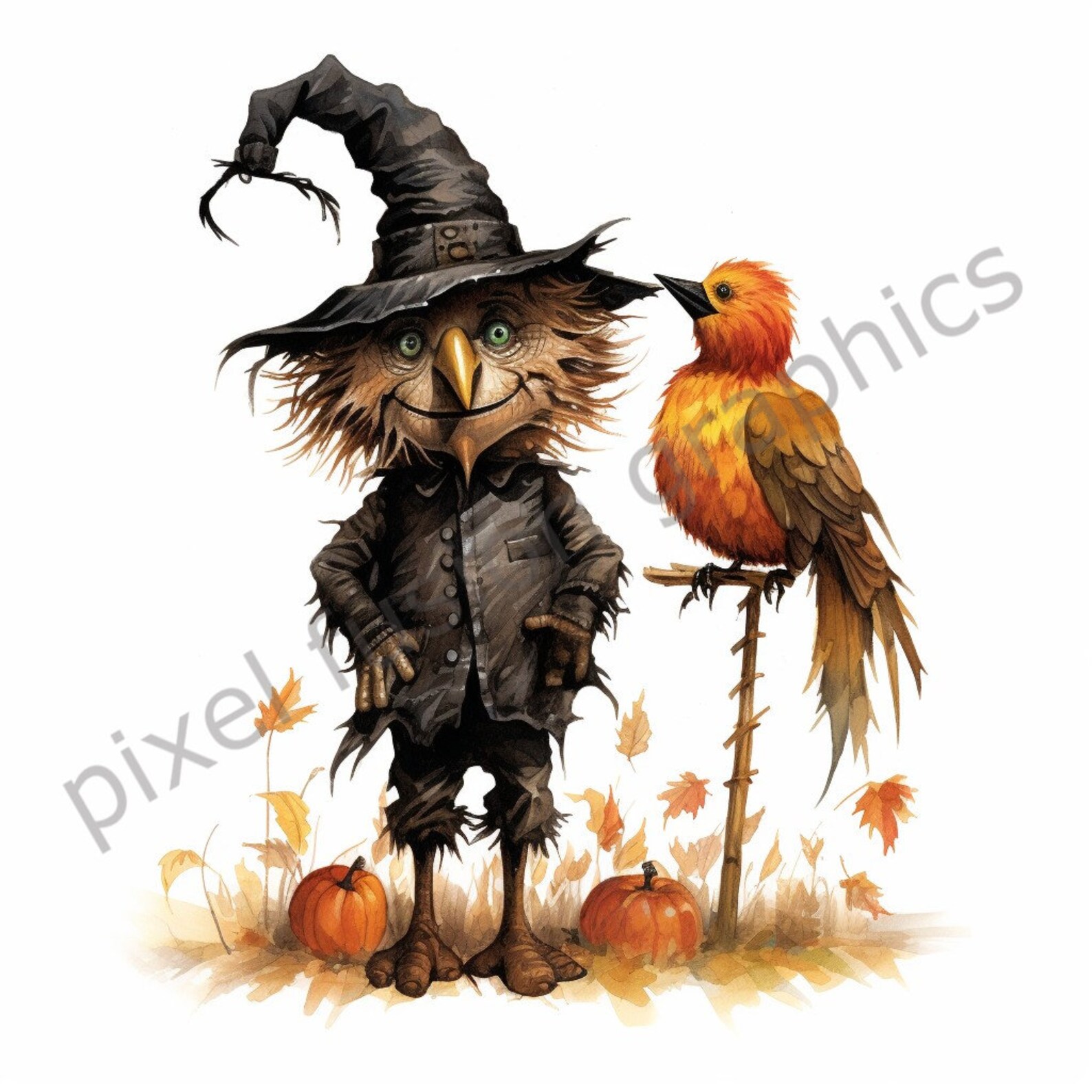 Autumn Watercolor Clip Art Scary and Friendly Scarecrow Fall Harvest ...