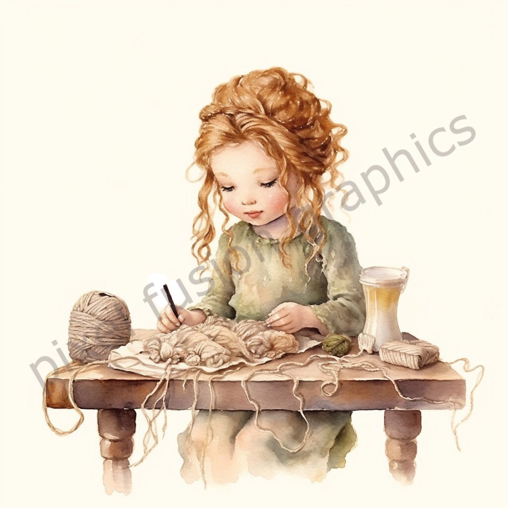 Knitting Girls Watercolor Clip Art, 10 JPG High Resolution, 300 DPI ...