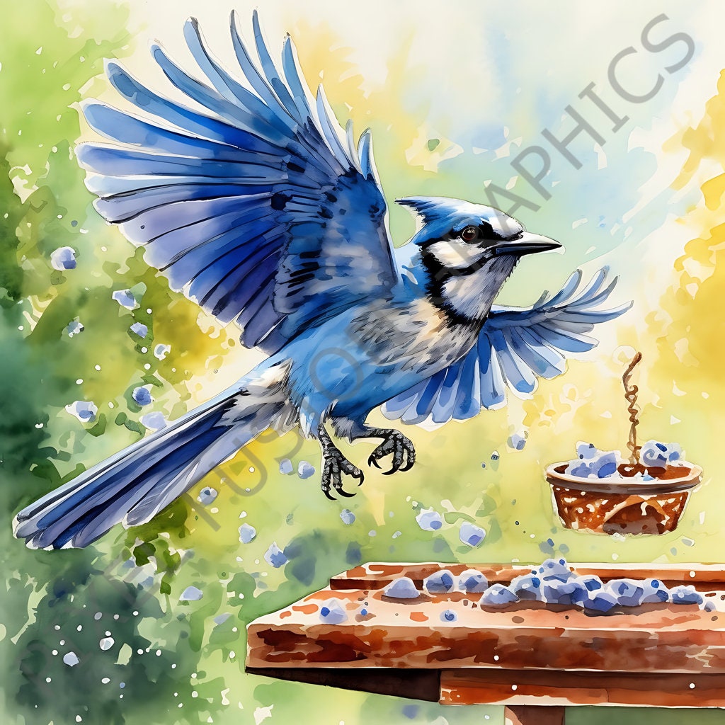 Blue Jay Bird Watercolor Clipart, Wreath, Landing and Eating, 12 JPG ...