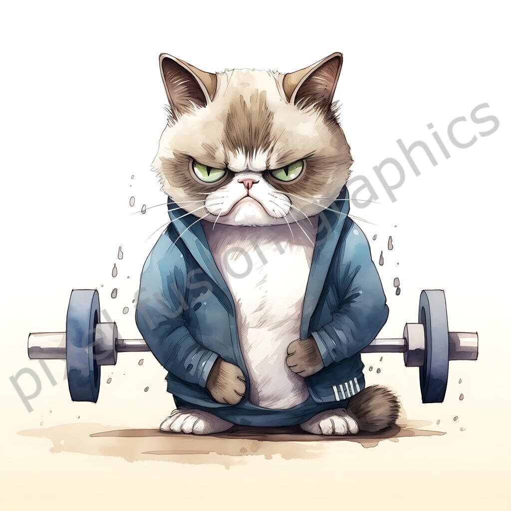 Fat Cat Working Out Cat Watercolor Clip Art, Fat Cat in the Gym High ...