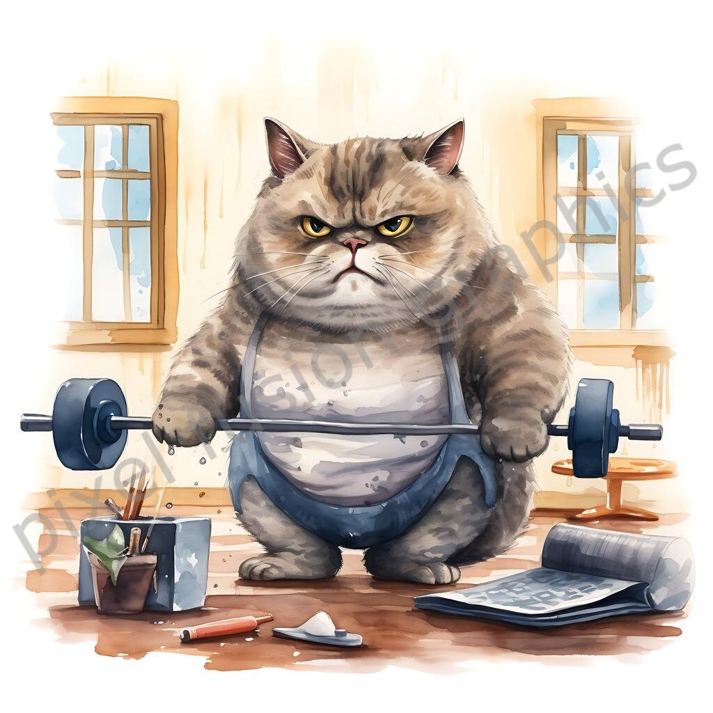 Fit Kitty Watercolor Clipart Collection, Gym Cat Workout, Cute Gym ...
