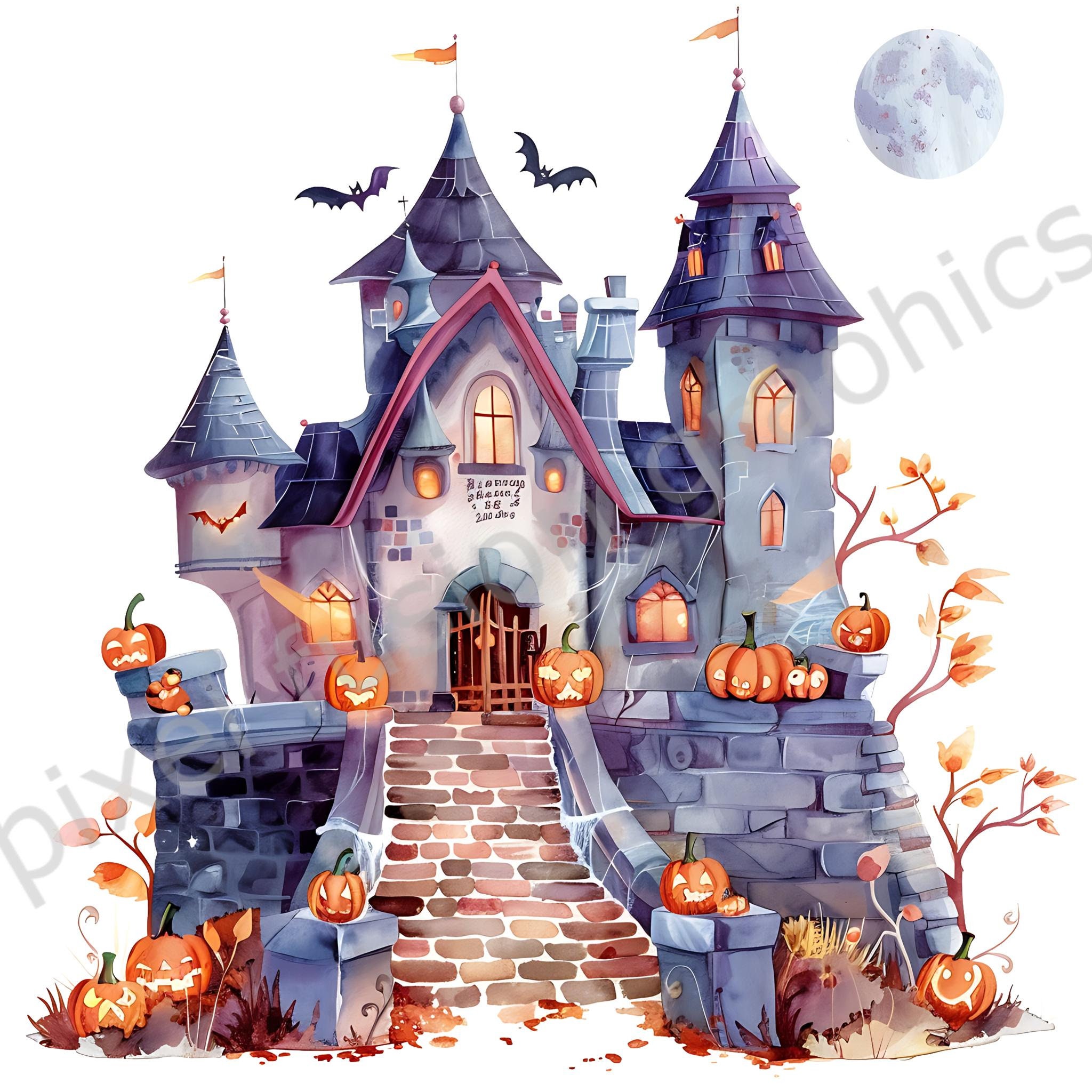 Haunted Houses Clip Art Halloween Anime Style 12 High Quality PNG Card ...