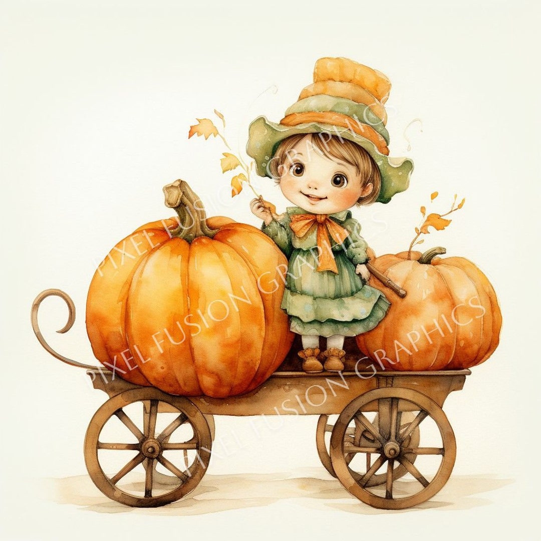 Fall Pumpkin Kids Watercolor Clip Art Fall Children Designs Fall Leaves ...