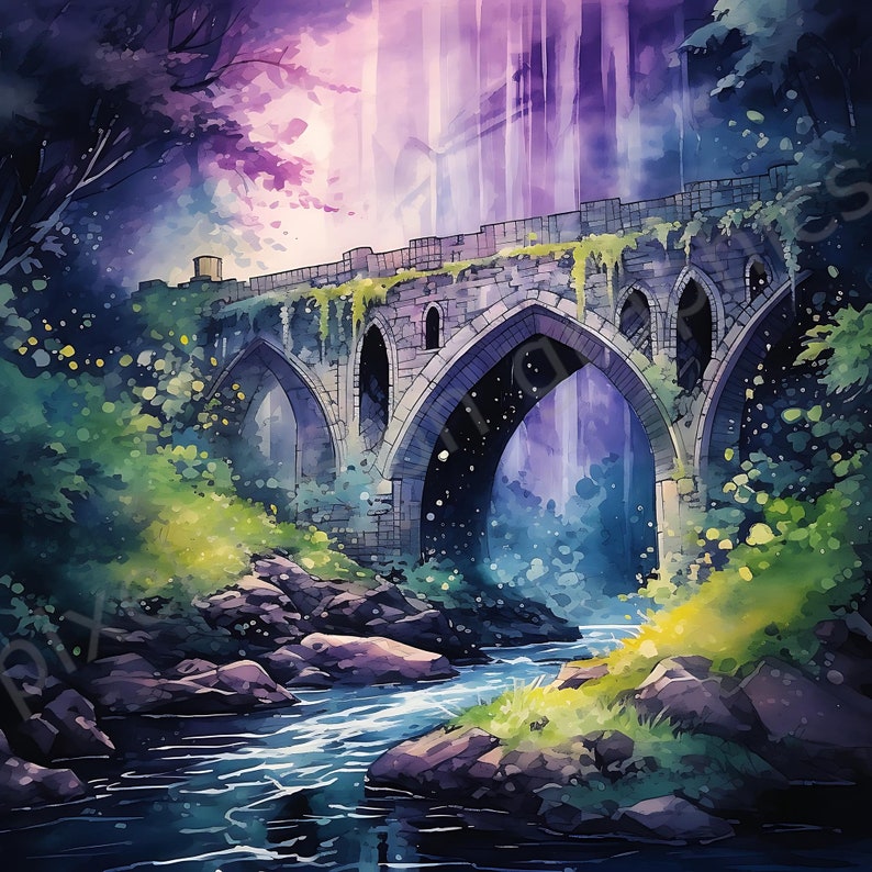 Stone Arches Watercolor Landscape Clip Art, River Arches, Spring Nature Arches, Butterflies ...