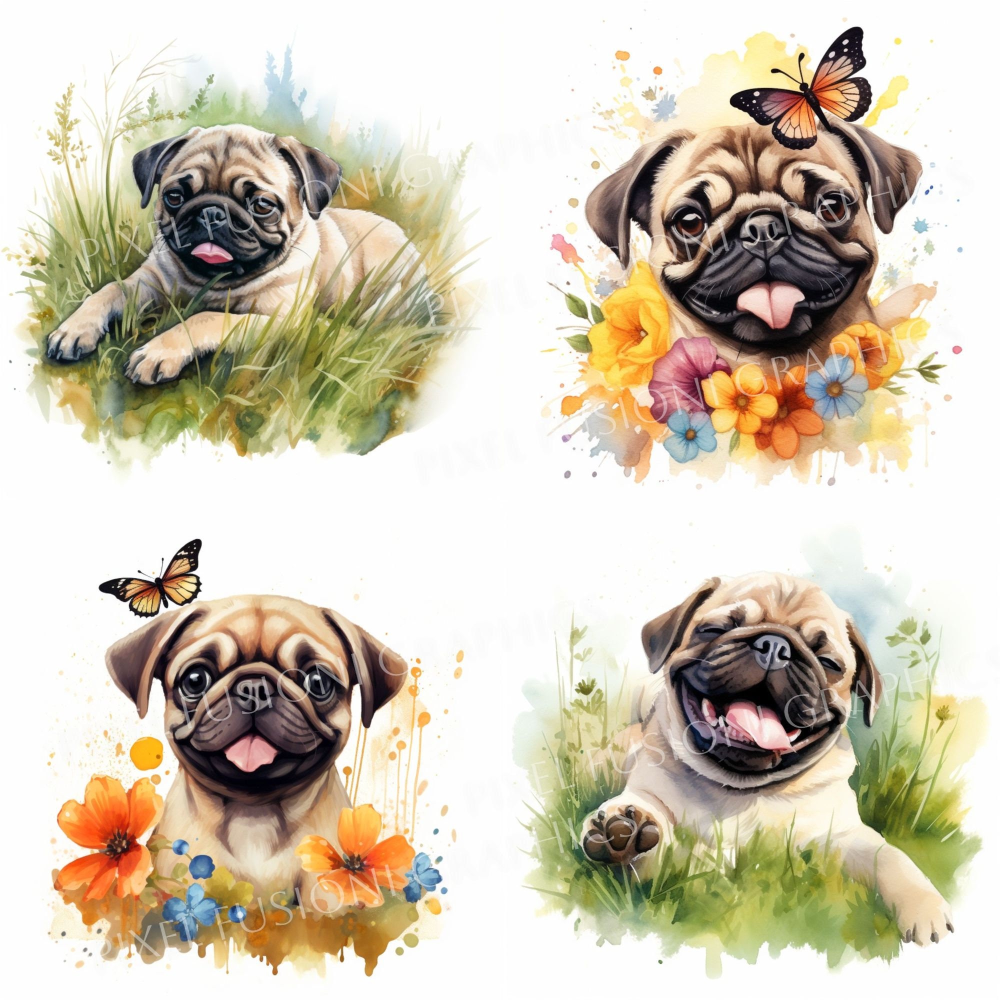 Pug Watercolor, Clipart, 12 JPG Format Images, Dog Clipart, Digital ...