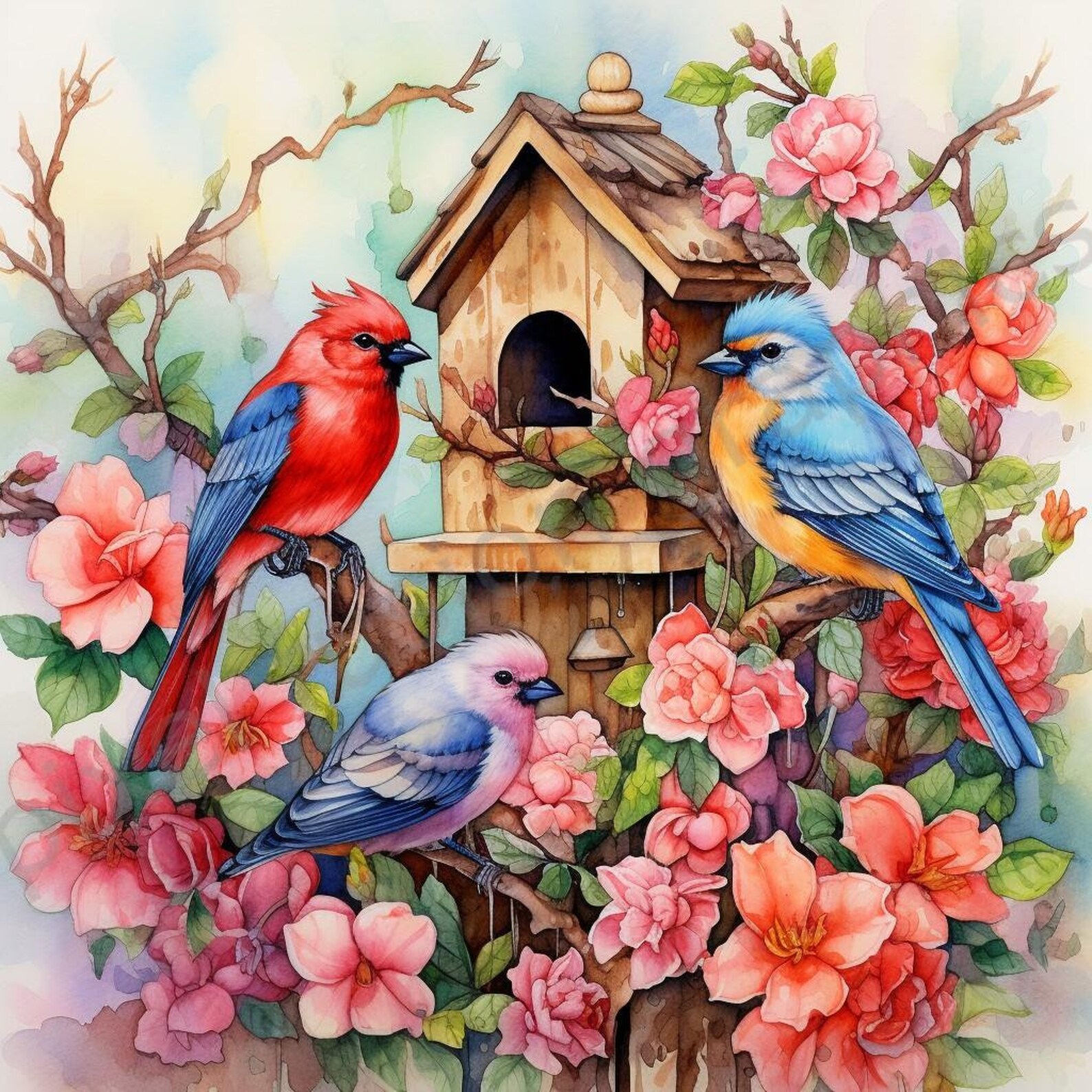 Watercolor Bird Houses Clip Art Set Floral Spring Bird and Houses Rainy ...