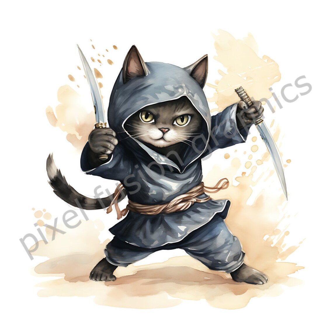 Ninja Cats Watercolor Cartoon Clip Art, High Quality Resolution, 300 ...