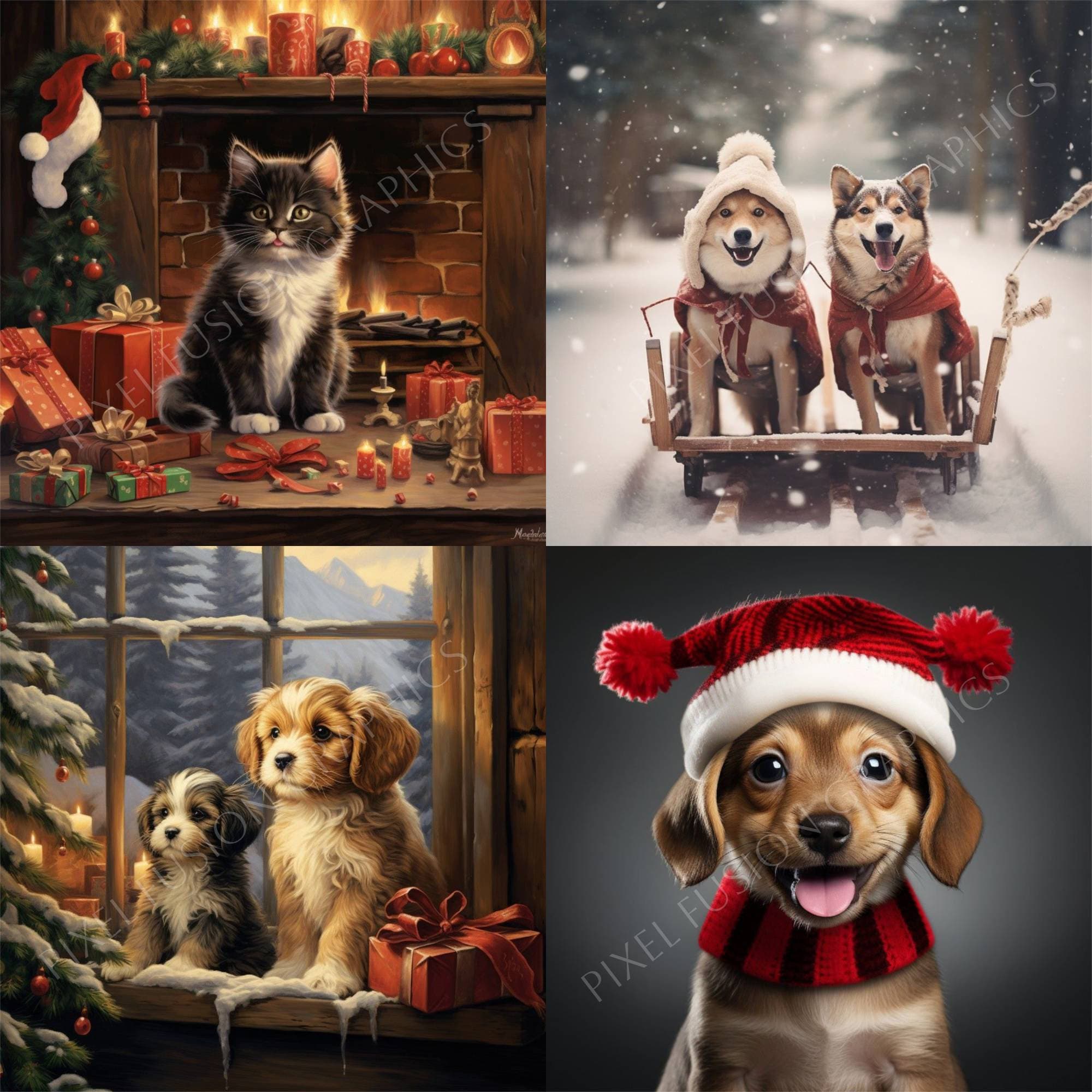 Christmas Dogs and Cats Clip Art, 24 JPG Instant Download Pets, Holiday ...