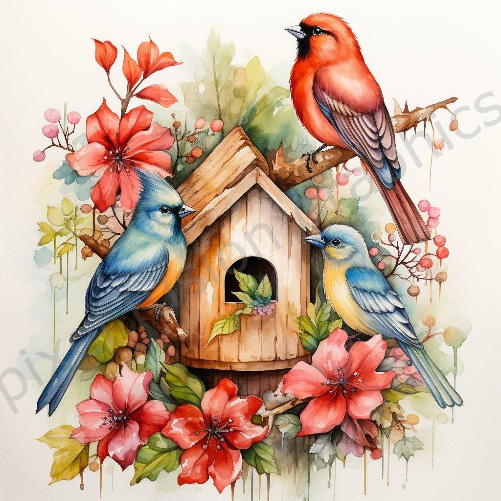 Watercolor Bird Houses Clip Art Set Floral Spring Bird and Houses Rainy ...