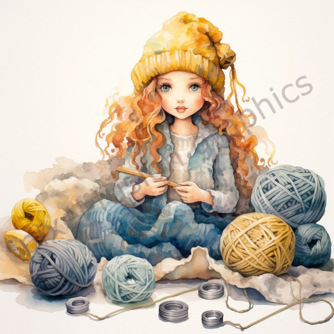 Watercolor Knitting Girls Clip Art Wool Knitting Yarn Lover Clipart ...