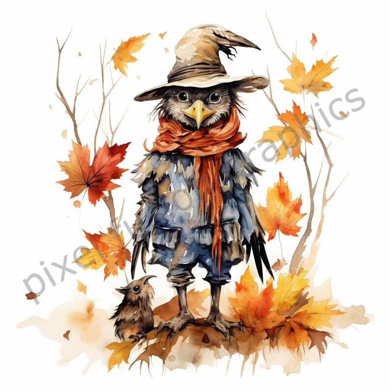 Autumn Watercolor Clip Art Scary and Friendly Scarecrow Fall Harvest ...