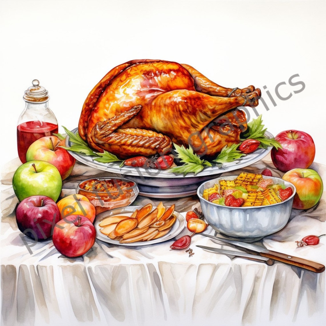 Thanksgiving Dinner Table Clipart Turkey Eating Fall Kitchen Watercolor ...