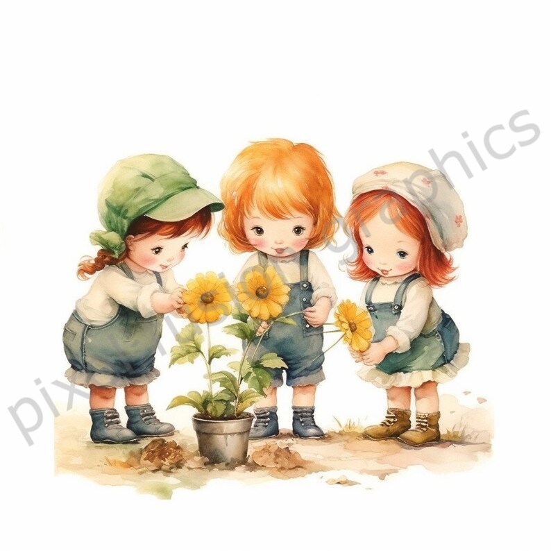 Cute Little Sisters, Little Friends Watercolor Clip Art, 12 JPG High ...