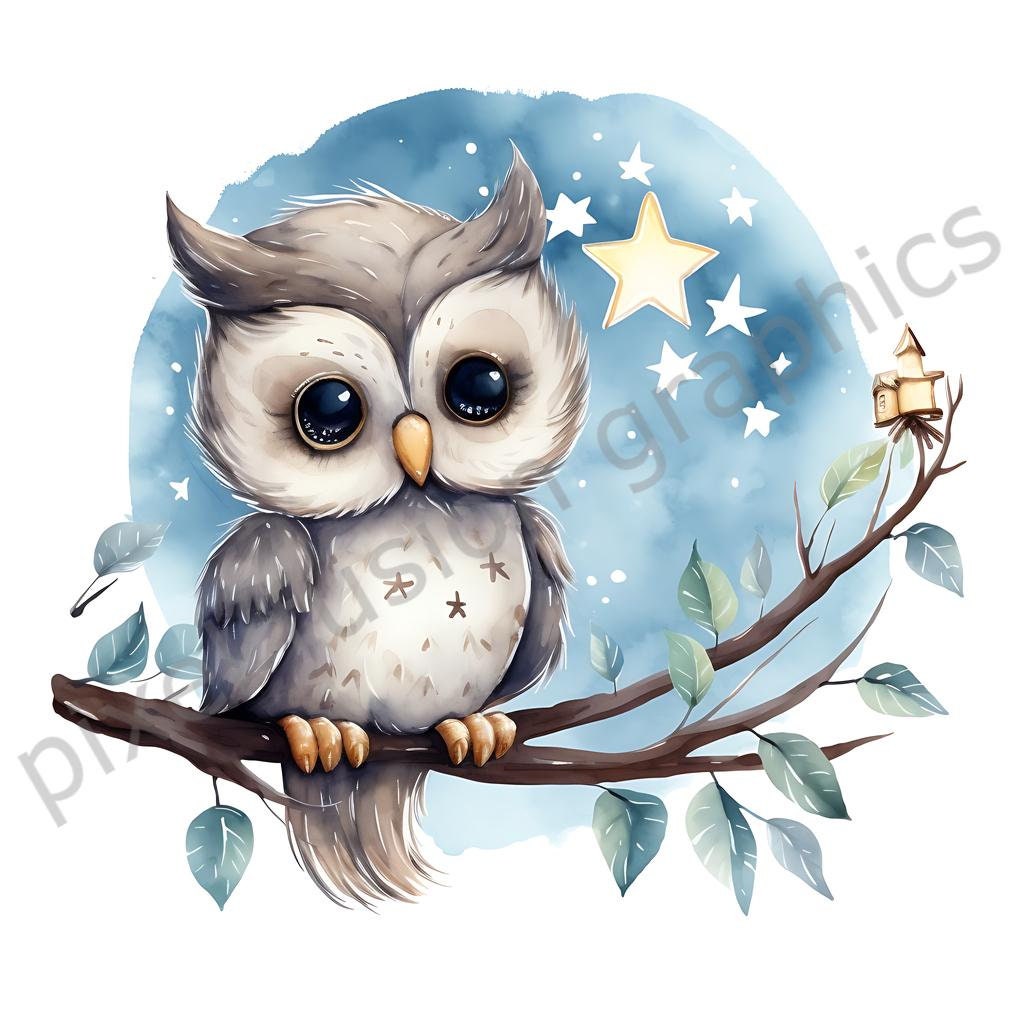 Cute Baby Owls Clip Art in Watercolor, High Quality Resolution, 300 DPI, Instant Download ...