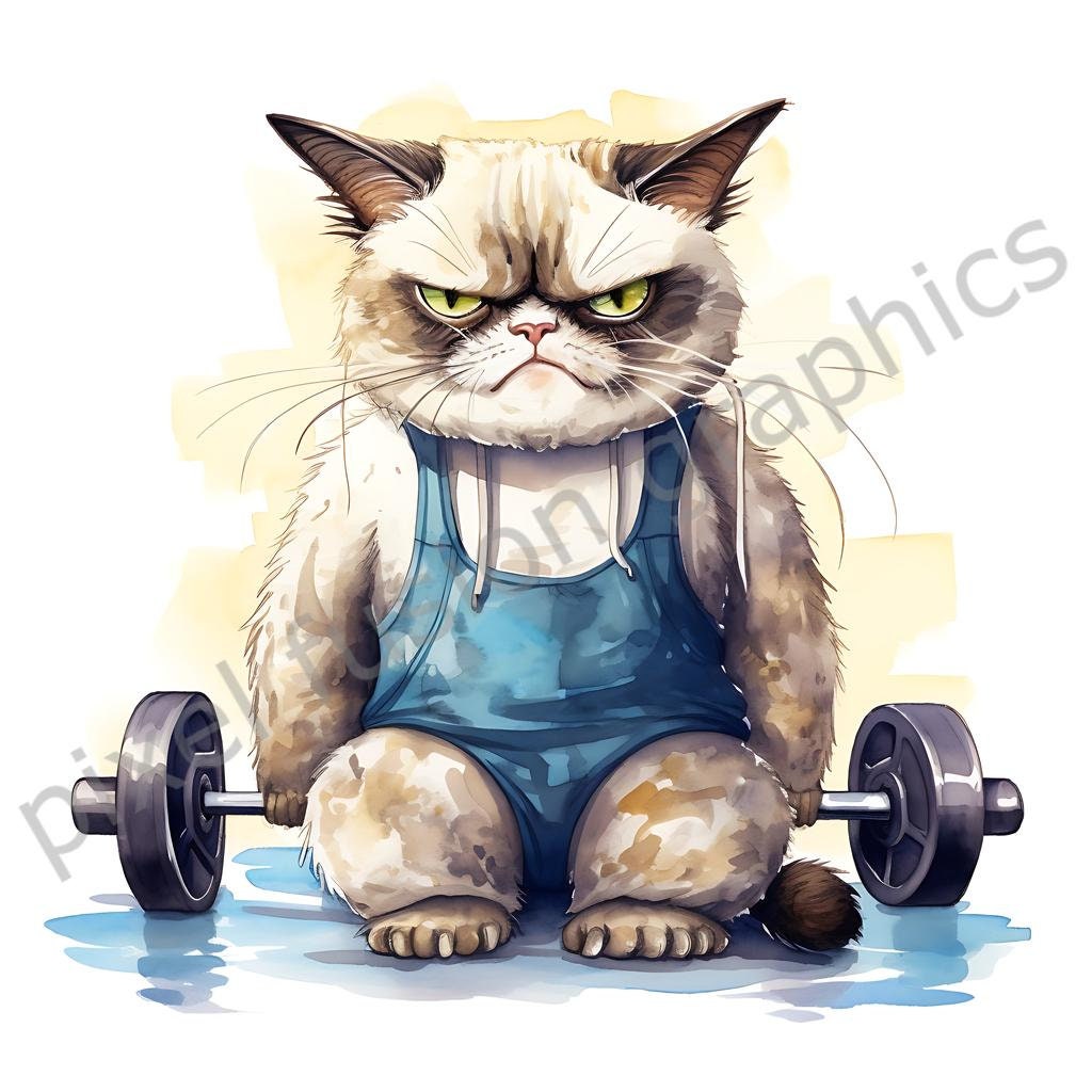 Fat Cat Working Out Cat Watercolor Clip Art, Fat Cat in the Gym High ...