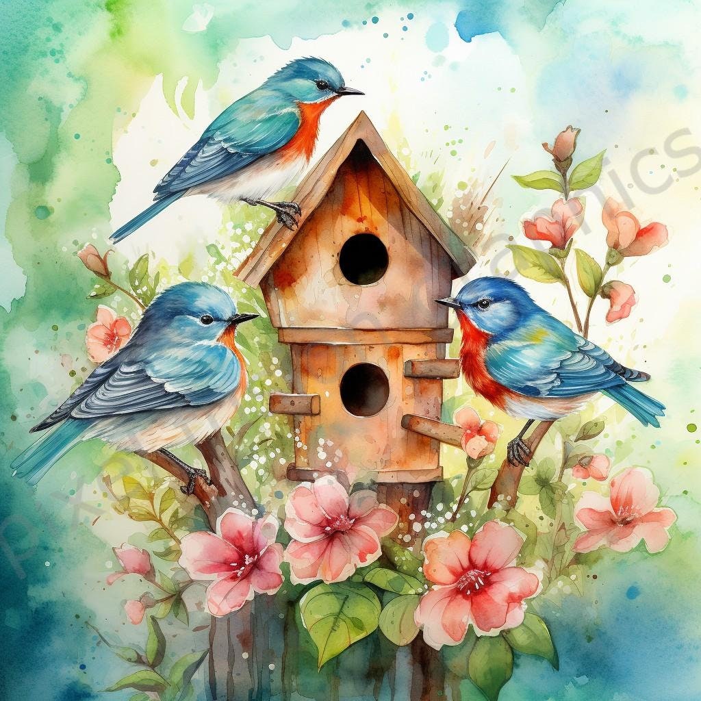 Watercolor Bird Houses Clip Art Set Floral Spring Bird and Houses Rainy ...