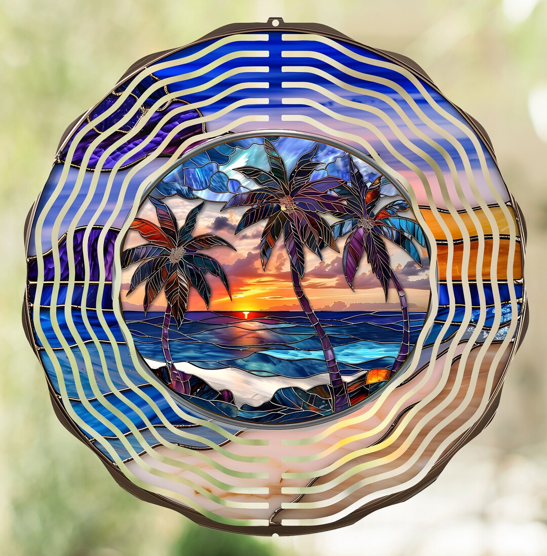 Tropical Palm Trees Wind Spinner PNG Stained Glass Garden Decor Spring ...