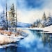 Snowy Winter, Blue Lake, Watercolor, Scenery Clip Art Set, High Quality ...