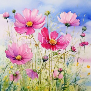 Cosmos Watercolor October Flower Clip Art, High Quality Resolution, Instant Download, Birth ...