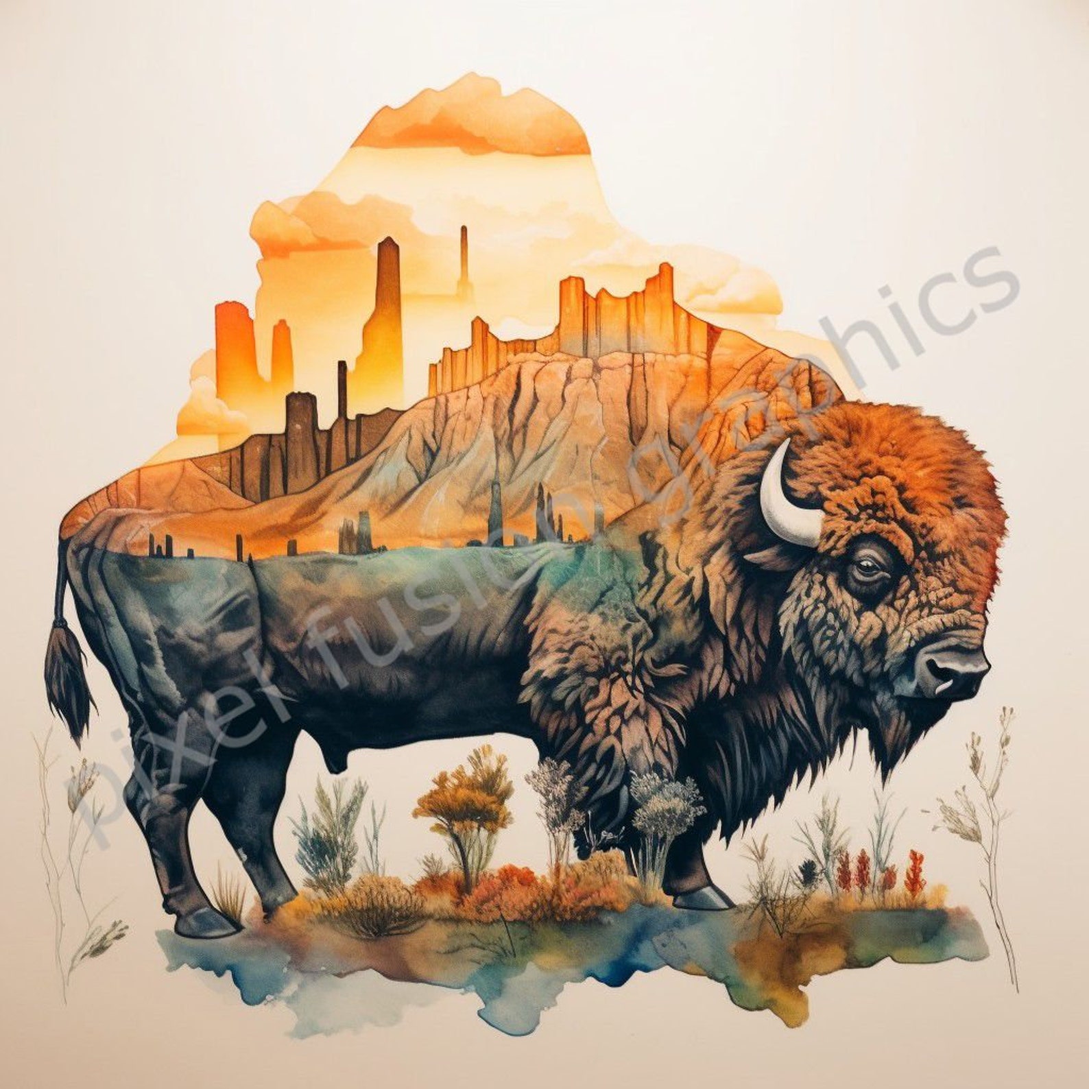 Watercolor Bison Clip Art American Southwest Bison Great Plains Bison ...
