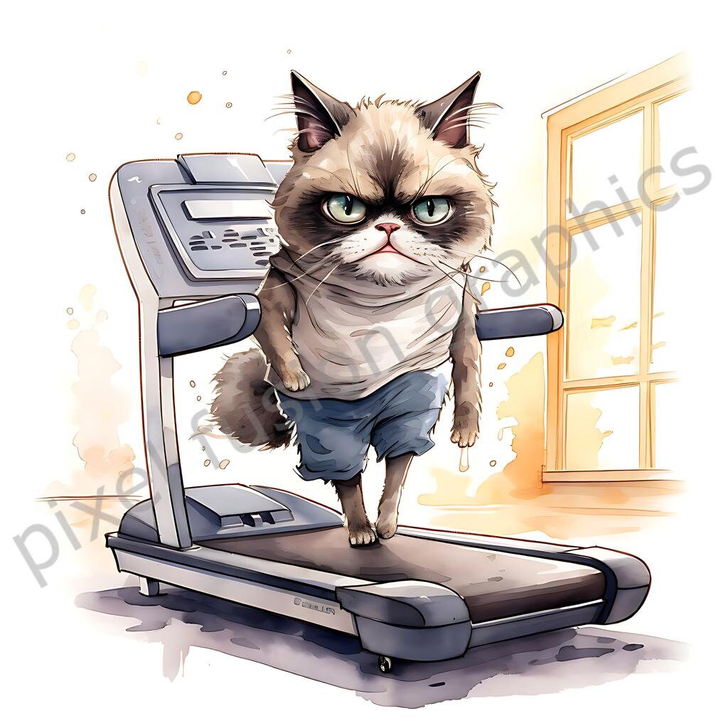 Fat Cat Working Out Cat Watercolor Clip Art, Fat Cat in the Gym High ...