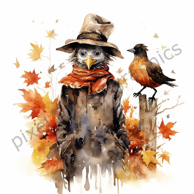 Autumn Watercolor Clip Art Scary and Friendly Scarecrow Fall Harvest ...
