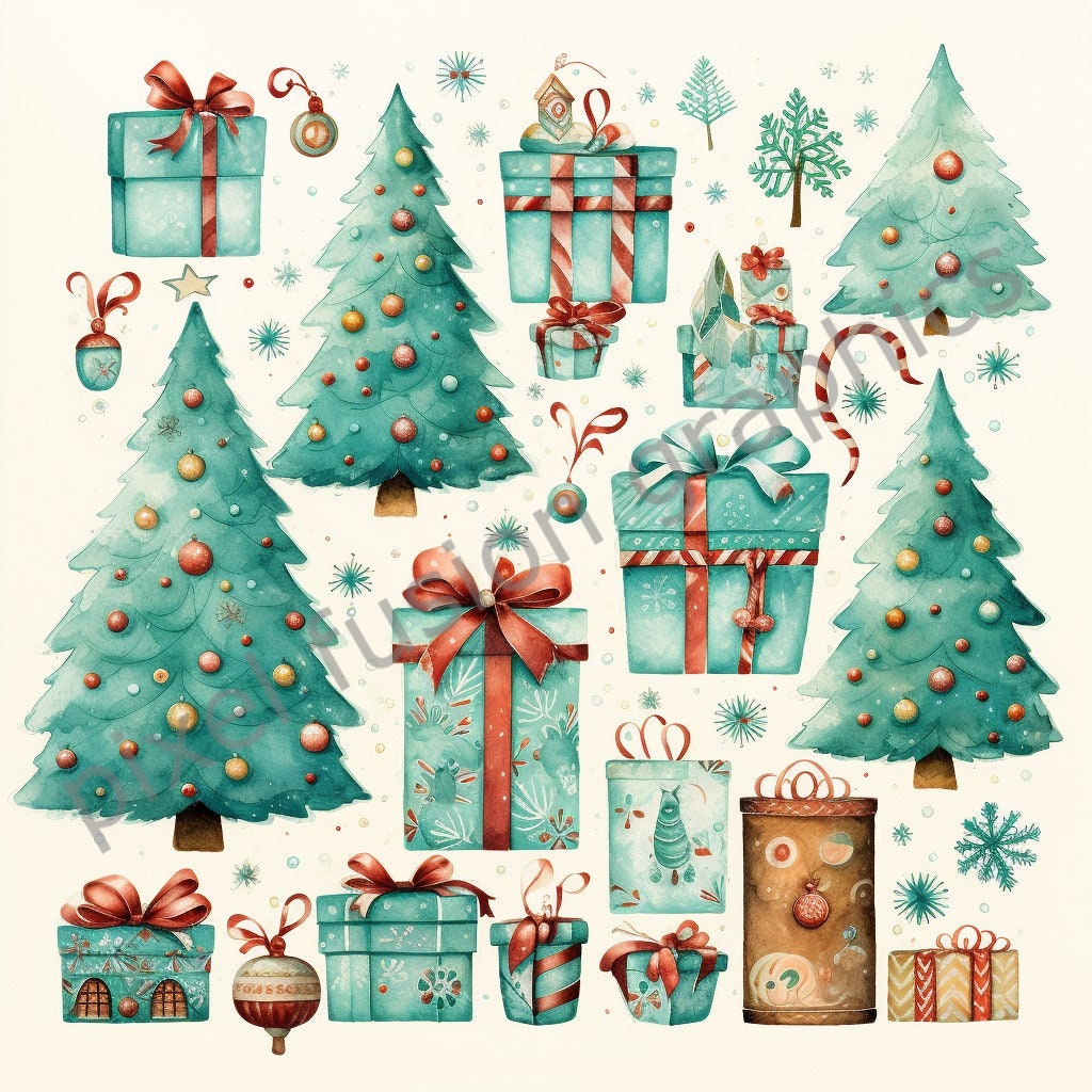 Turquoise Holiday Clip Art Ornaments Presents Wreath Snowflakes Trees ...