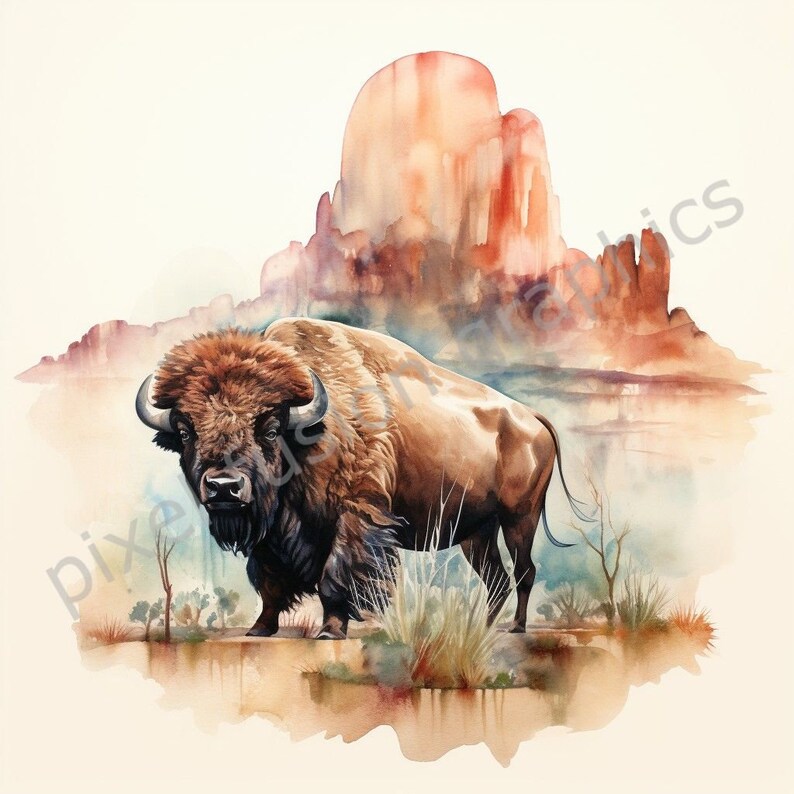 Watercolor Bison Clip Art American Southwest Bison Great Plains Bison ...