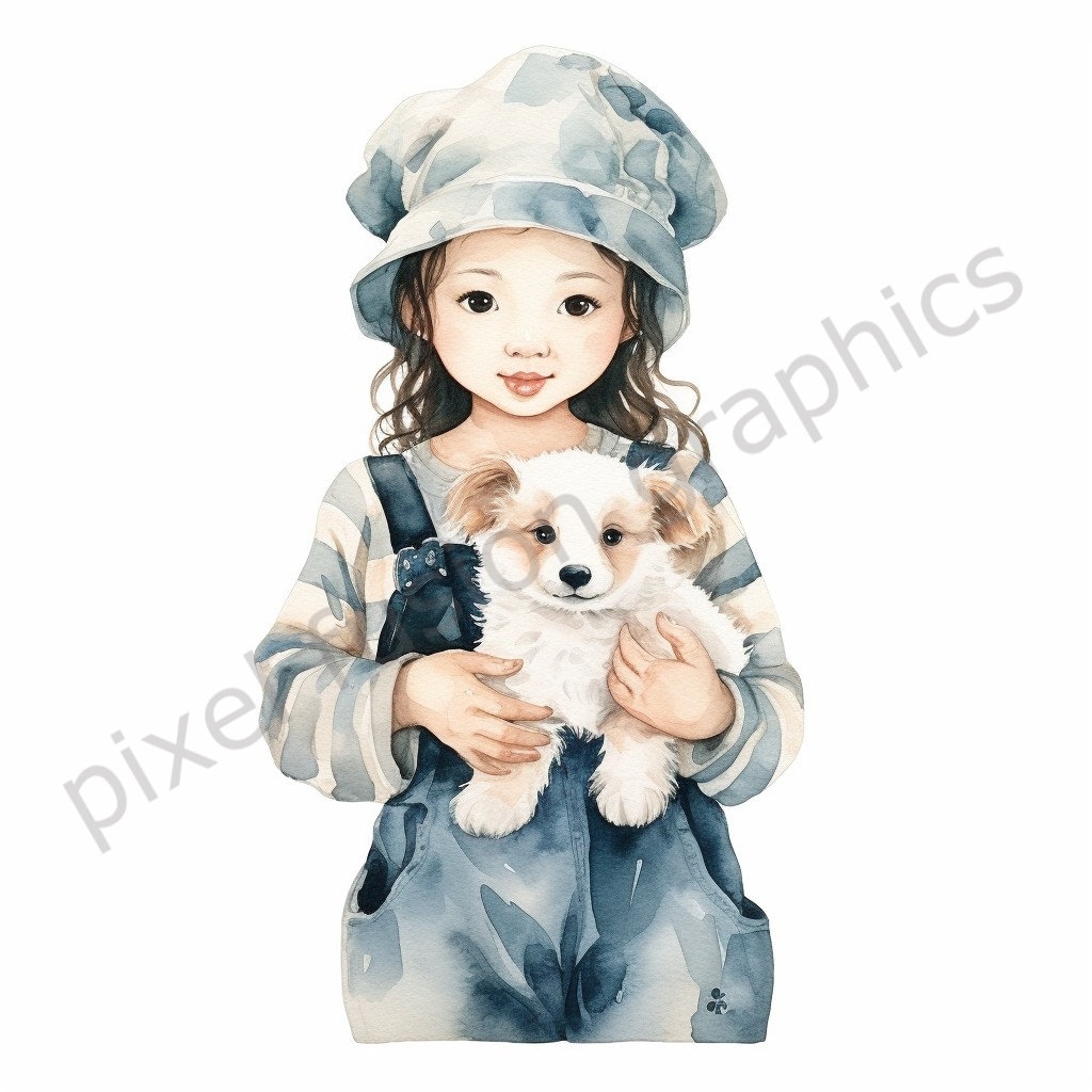 Girls With Pets Clip Art Watercolor 14 JPG Asian, Blonde, Brunette ...